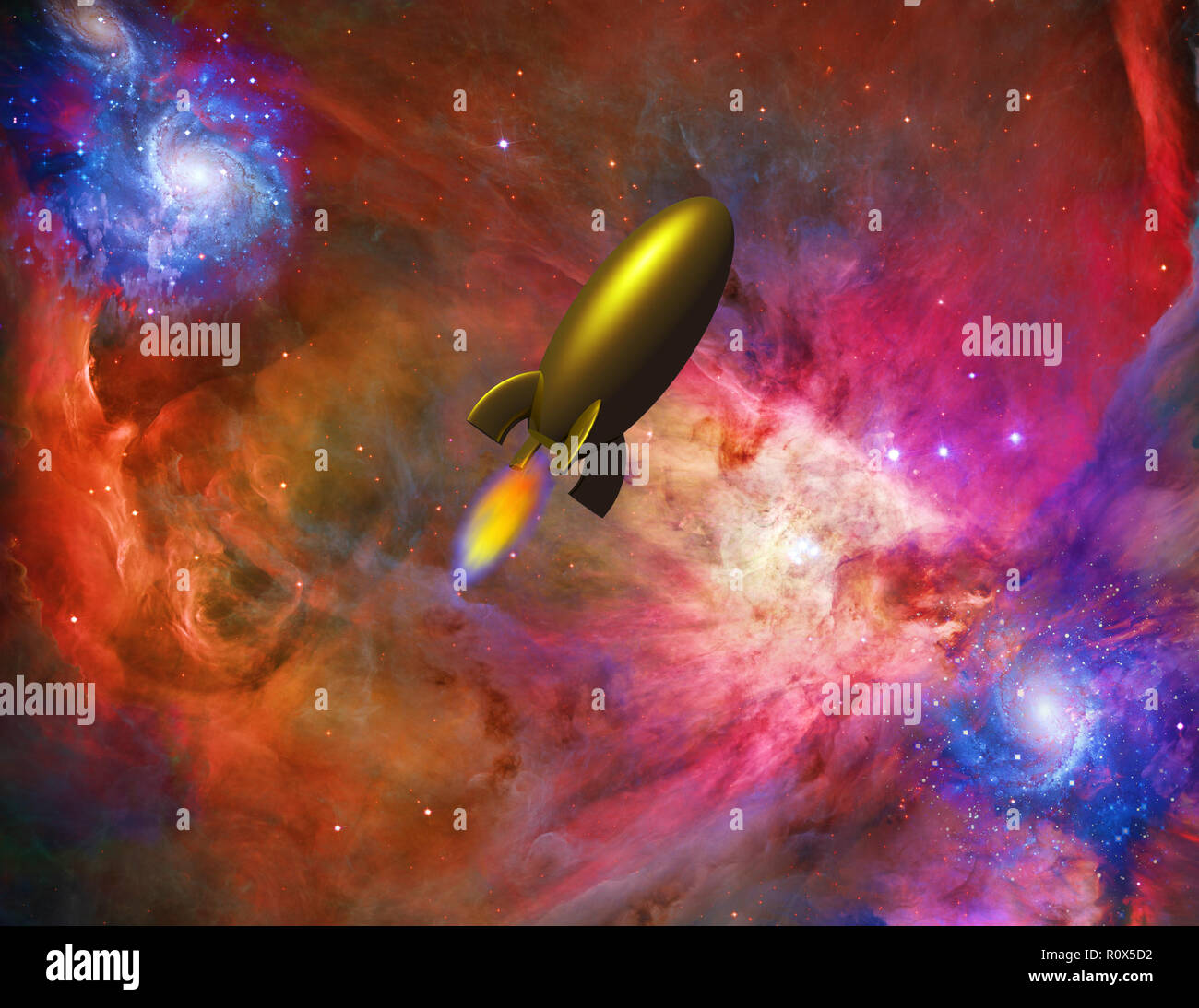 Retro look gold rocket with flames beneath in deep interstellar space ...