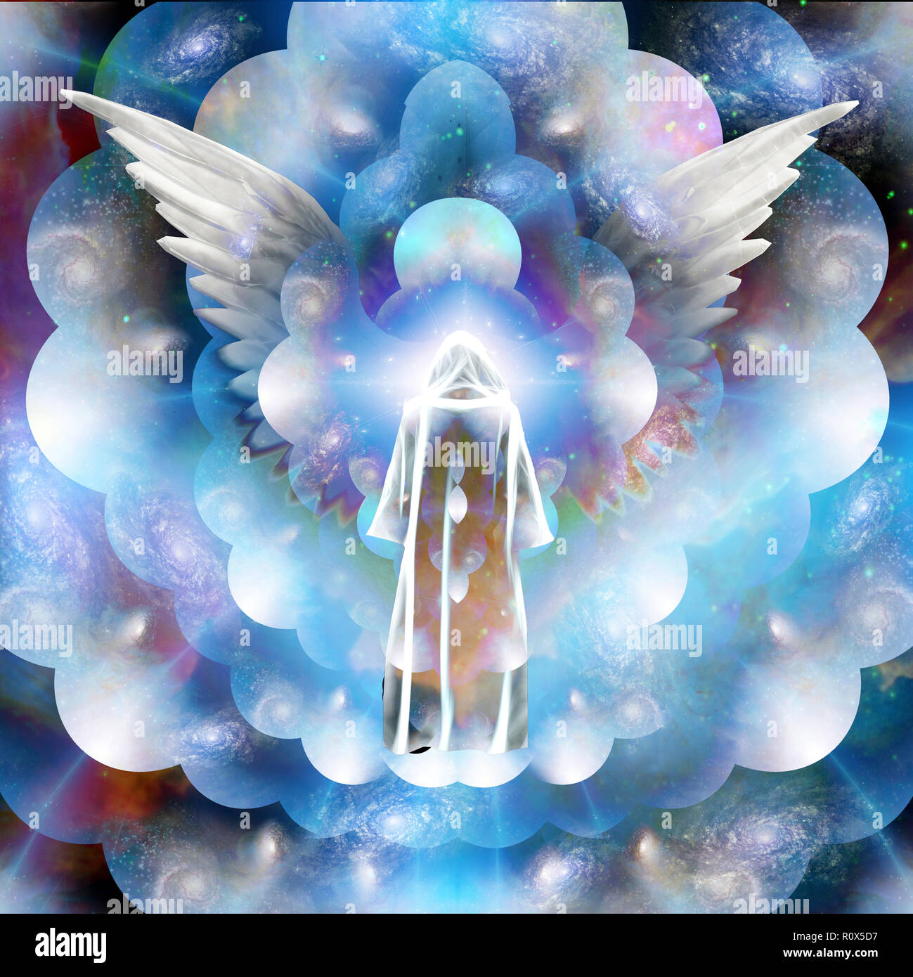 Way to the God. Wings and cloaked figure in multilayered space ...
