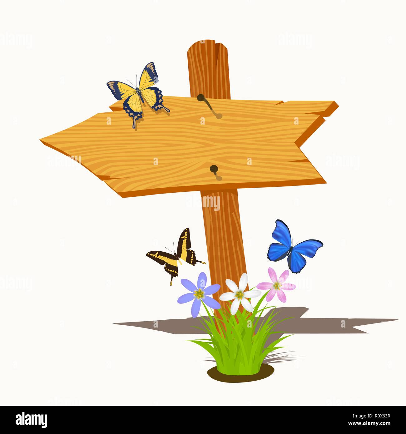 Wooden signboard with flowers and butterflies. Vector illustration ...