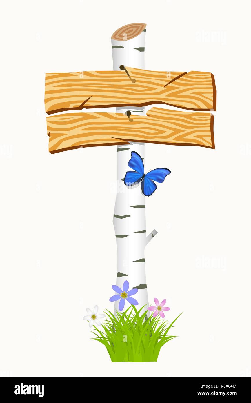 Wooden signboard with flowers and butterflies. Vector illustration ...