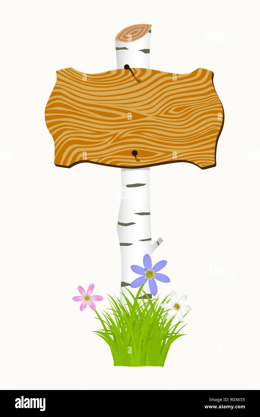 Wooden signboard with flowers and butterflies. Vector illustration ...