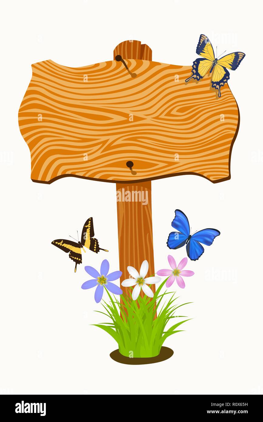Wooden signboard with flowers and butterflies. Vector illustration ...