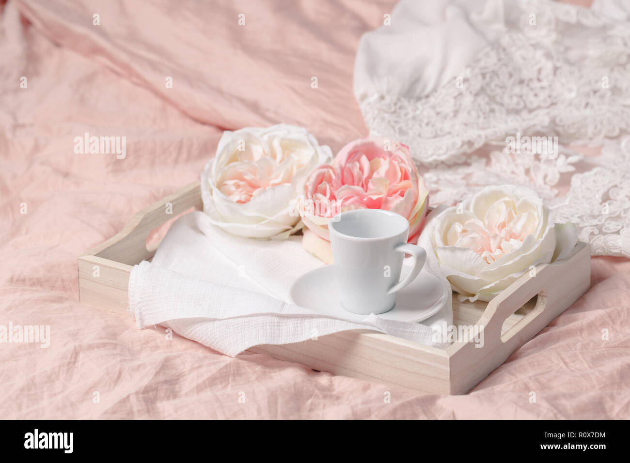 Fresh morning coffee on tray in the bed. Lifestyle Concept Stock Photo ...