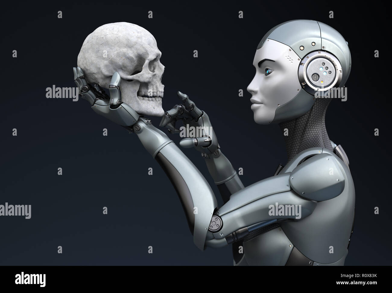 Robot with human skull in his hand. 3D illustration Stock Photo - Alamy