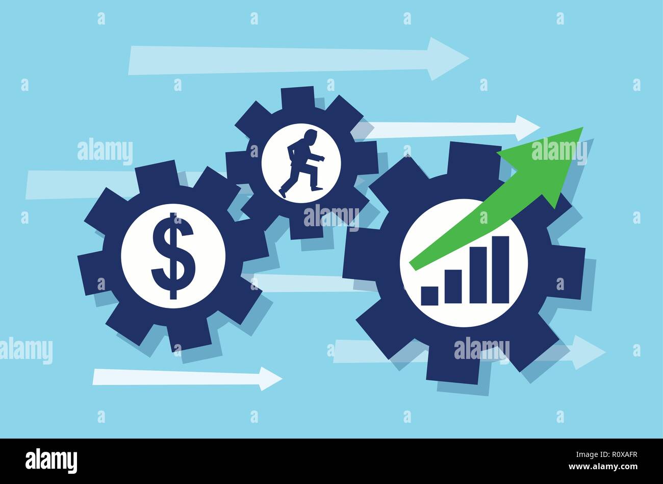 Graphic design of moving blue gears with symbols of business rotating ...