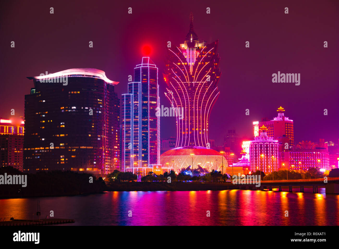 Panorama viewpoint urban landscape twilight night traffic in Macau ...