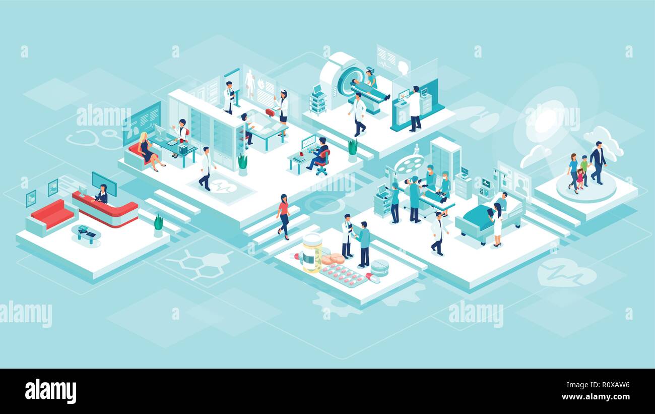 Isometric vector of a medical clinic hospital inpatient care with rooms ...