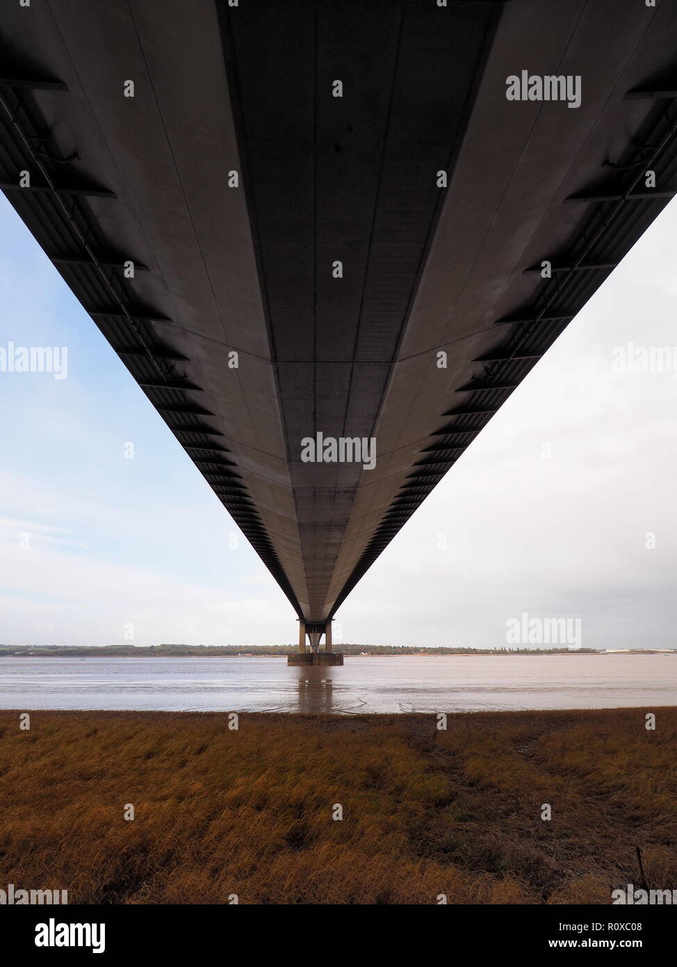 Looking out over the river underneath the road deck of the Humber ...