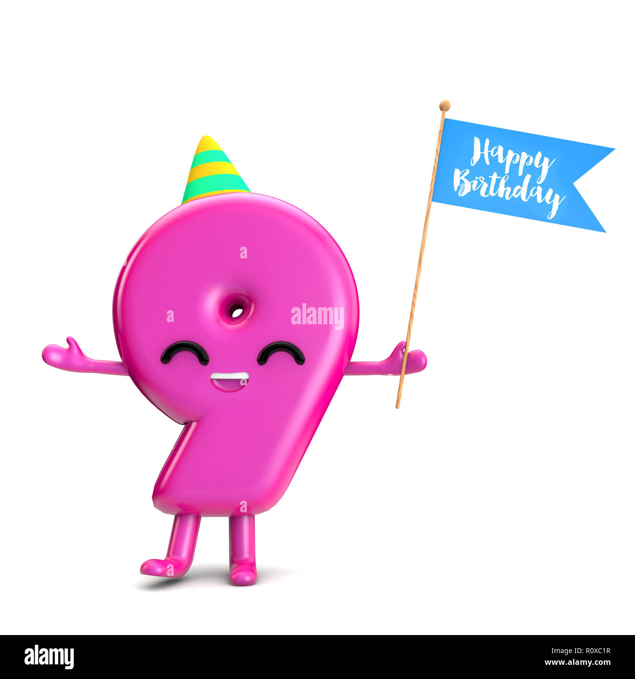 Happy 9th Birthday cute party character with hat and flag. 3D Rendering ...
