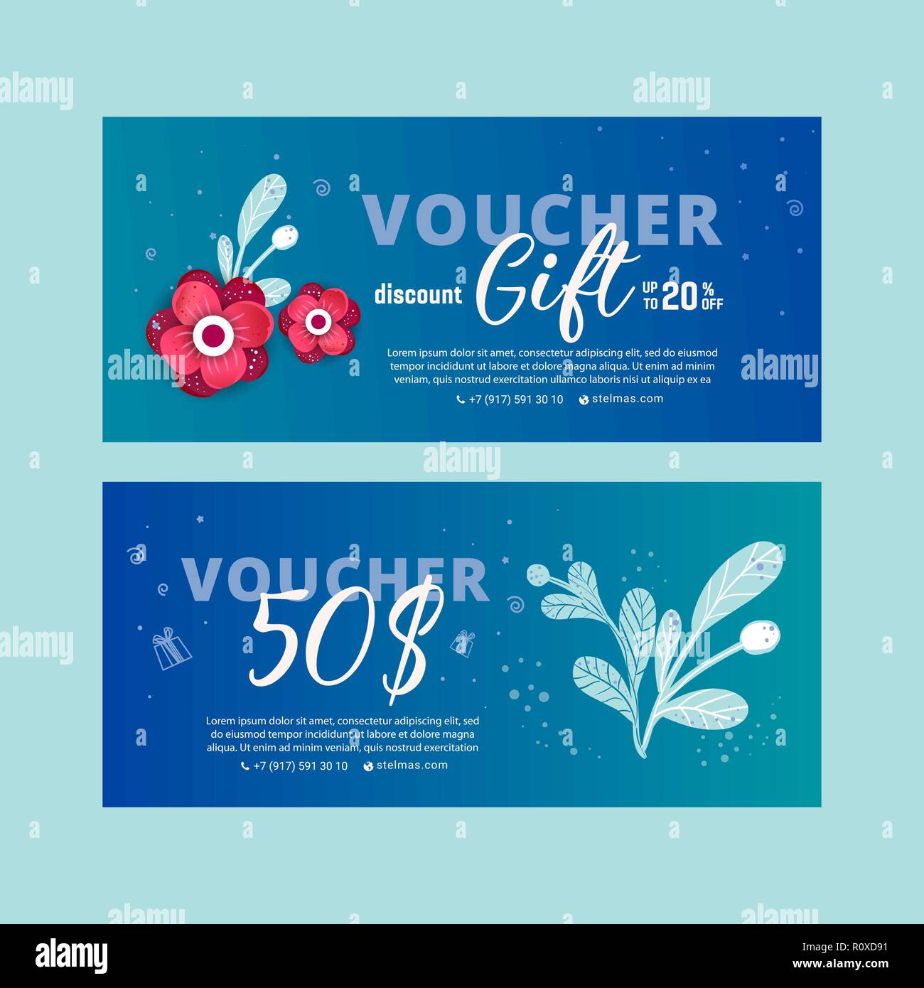 Gift Voucher Card Set Template with flowers on color background. Paper ...