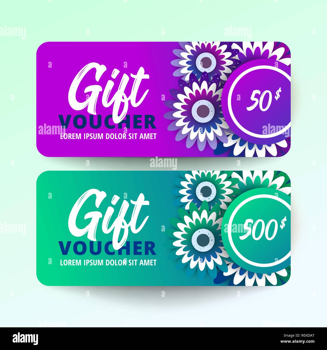 Gift Voucher Card Set Template with flowers on color background. Paper ...