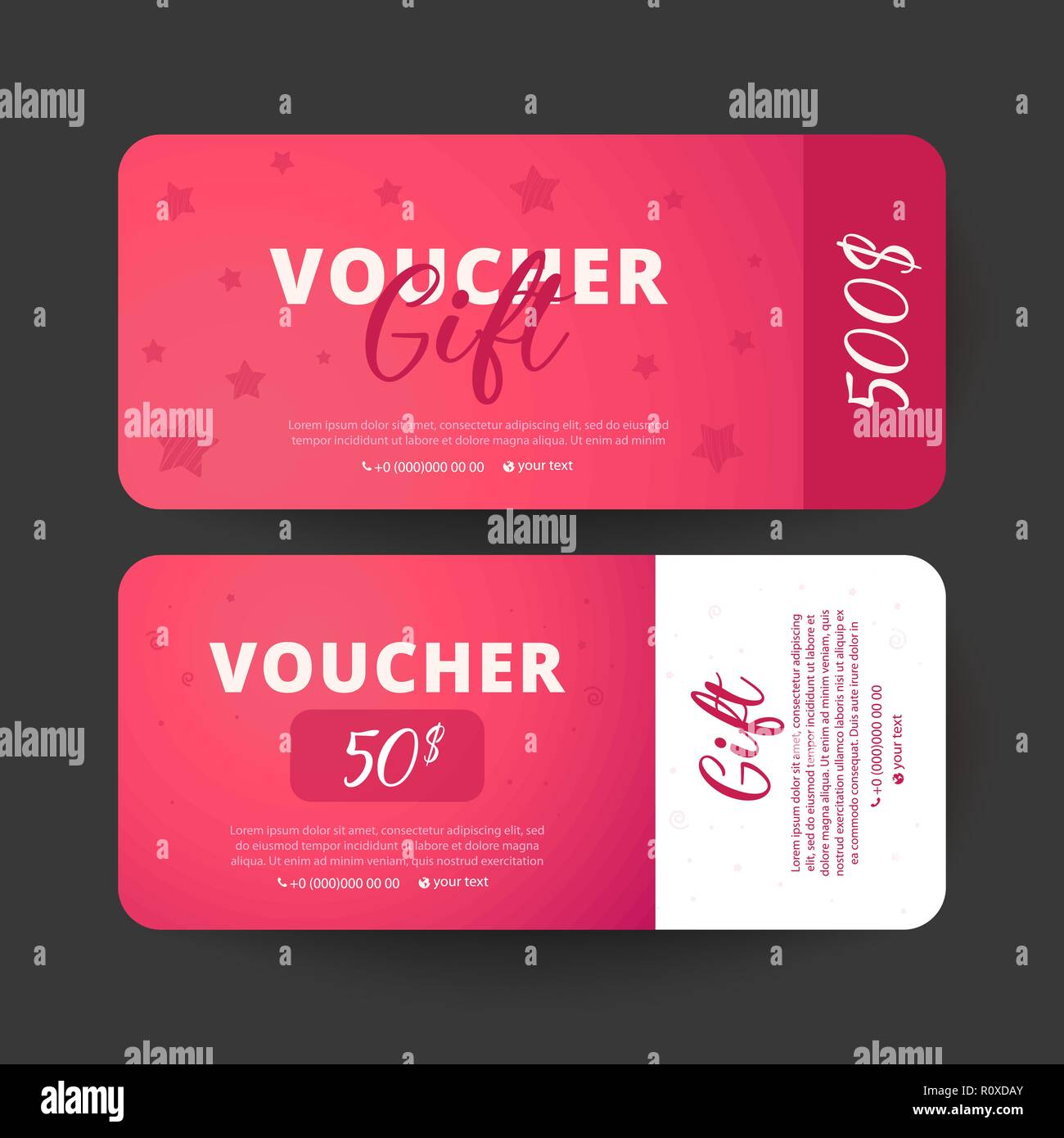 Gift Voucher Card Set Template with stars on color background. Flat ...