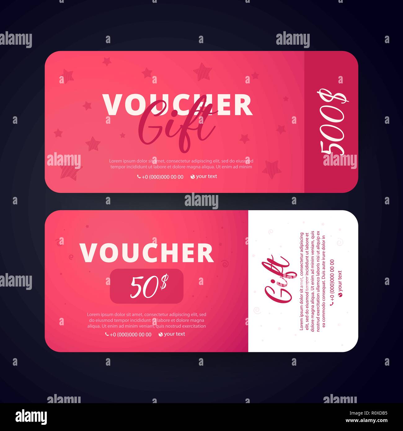 Gift Voucher Card Set Template with stars on color red background. Flat ...
