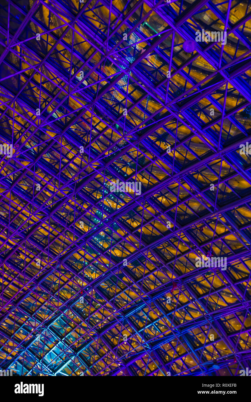 Blue steel frame structure of the roof. Inside view Stock Photo - Alamy