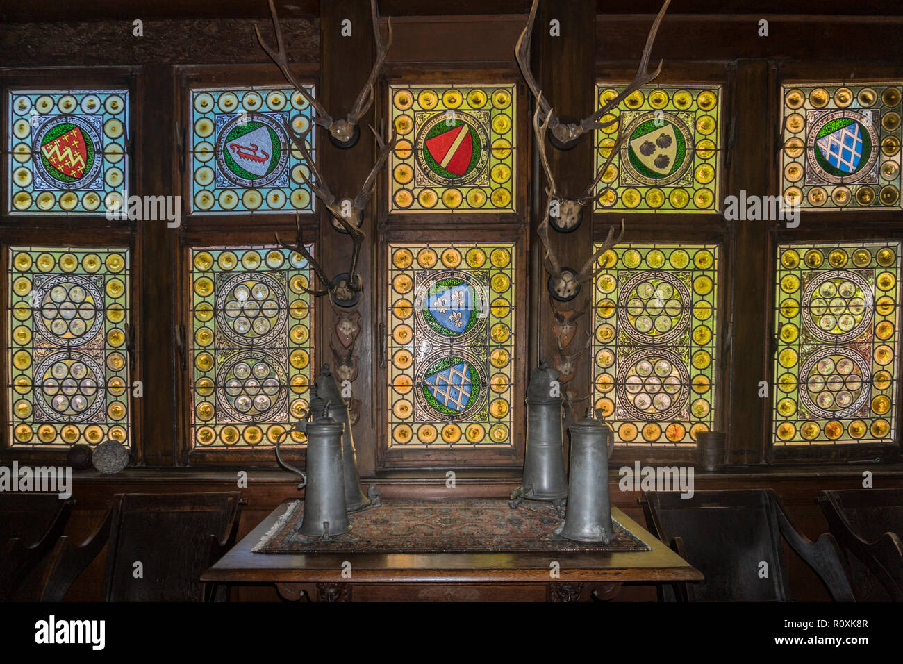 Stained glass windows in Reichsburg Castle, Cochem, Germany Stock Photo ...