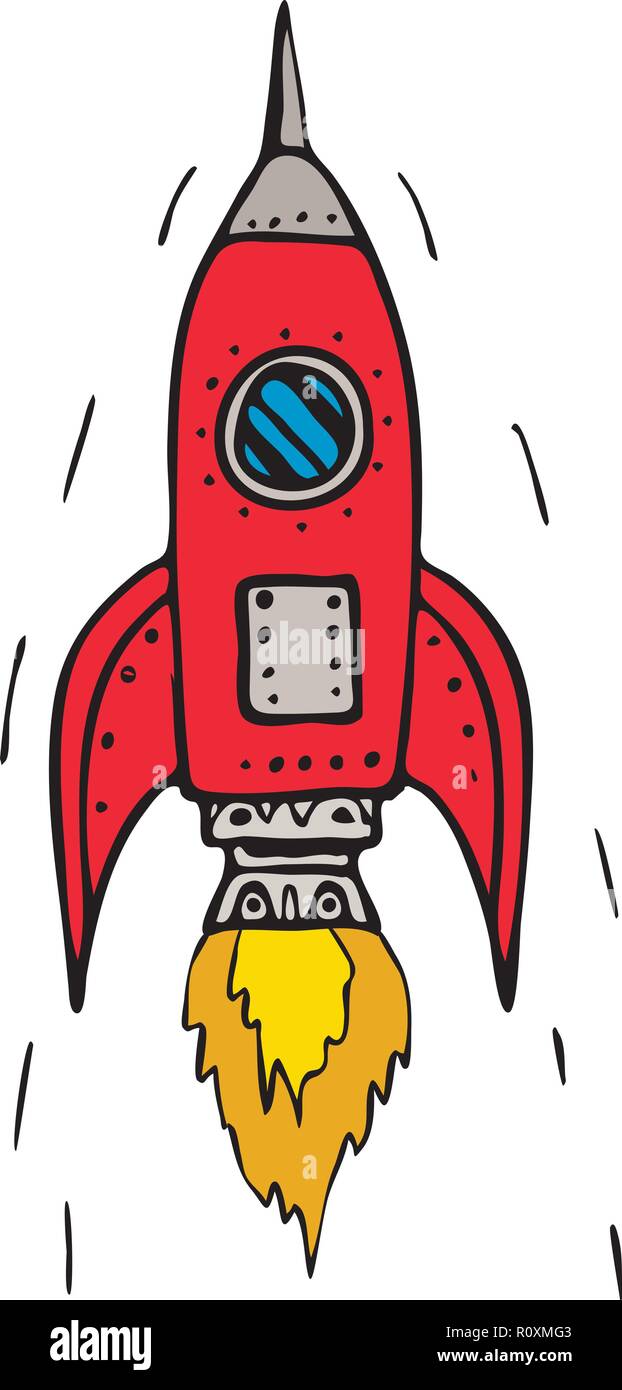 Drawing sketch style illustration of a vintage rocket ship blasting off ...
