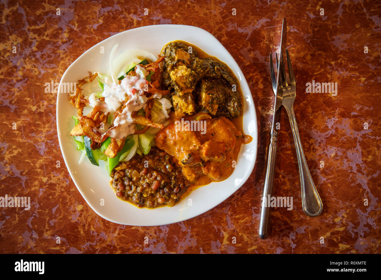 Authentic Indian cuisine buffet plate with tikka masala birista fried ...