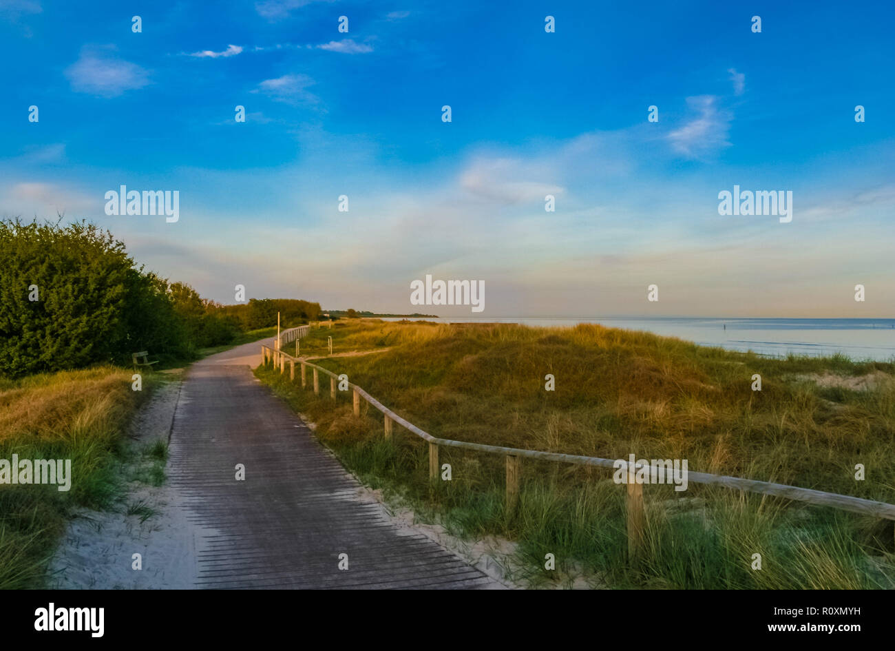 A beautiful landscape view of a wooden, sand covered walkway with ...