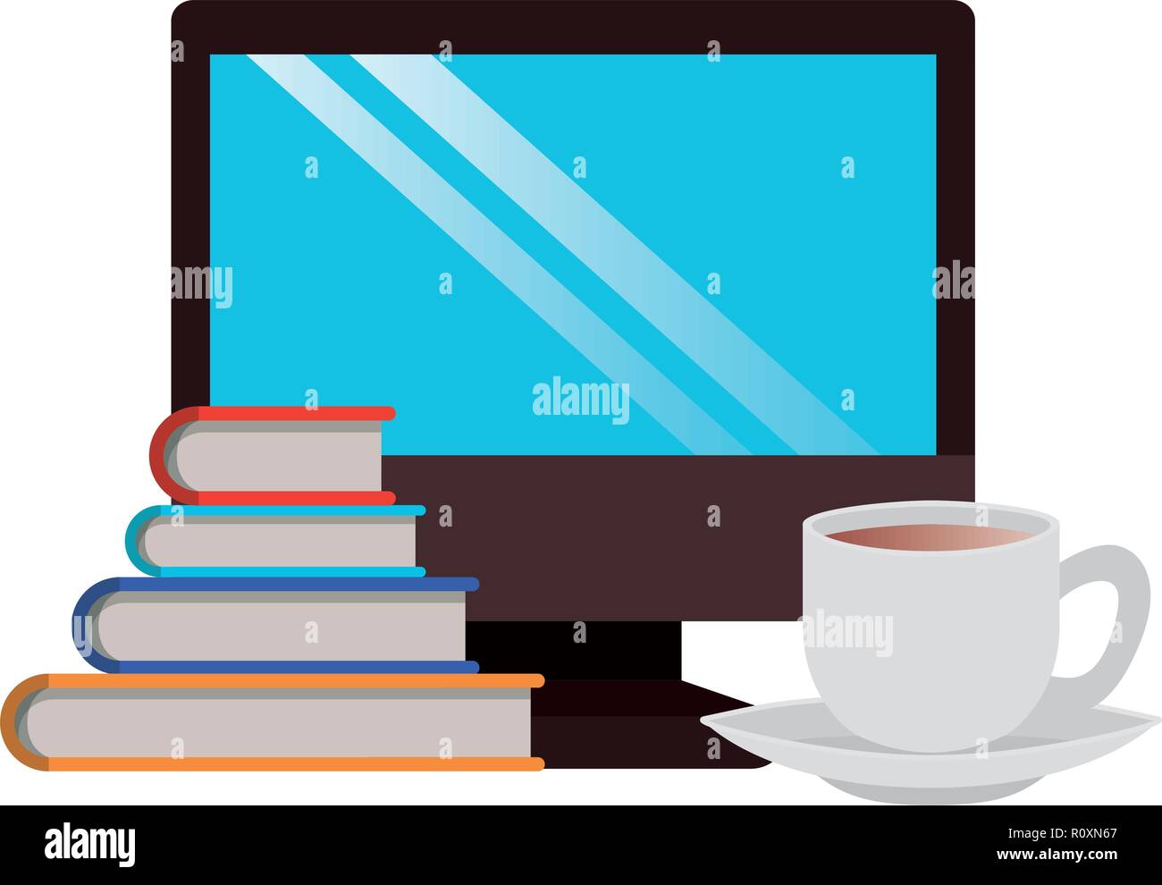 desktop computer with books and cup coffee icon Stock Vector Image ...
