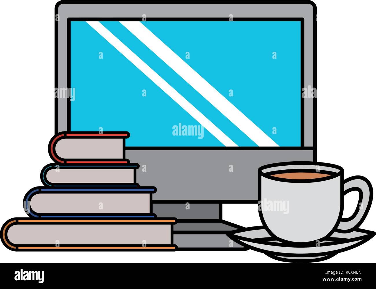 desktop computer with books and cup coffee icon Stock Vector Image ...