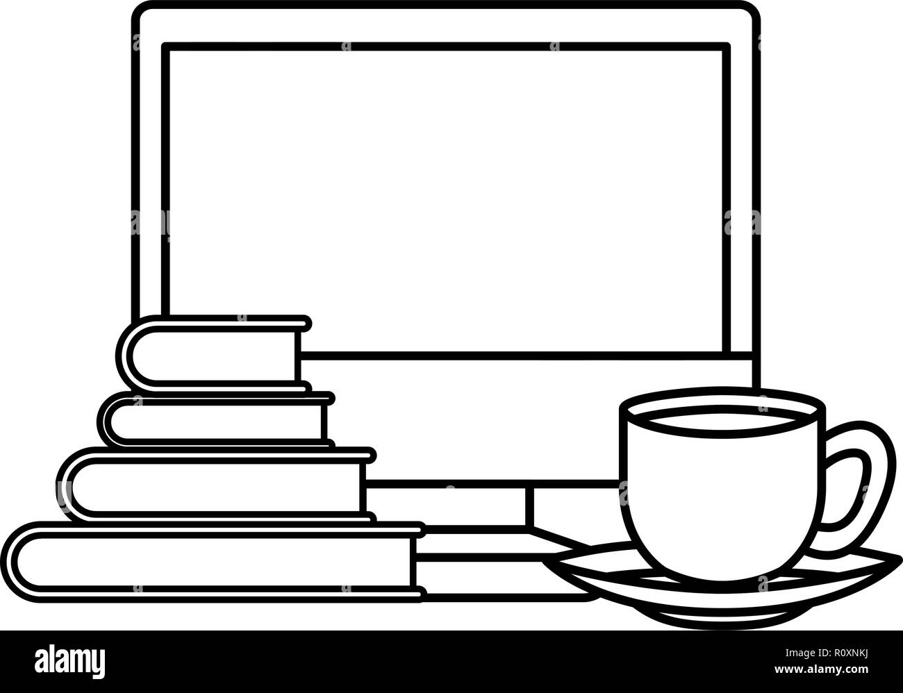 desktop computer with books and cup coffee icon Stock Vector Image ...