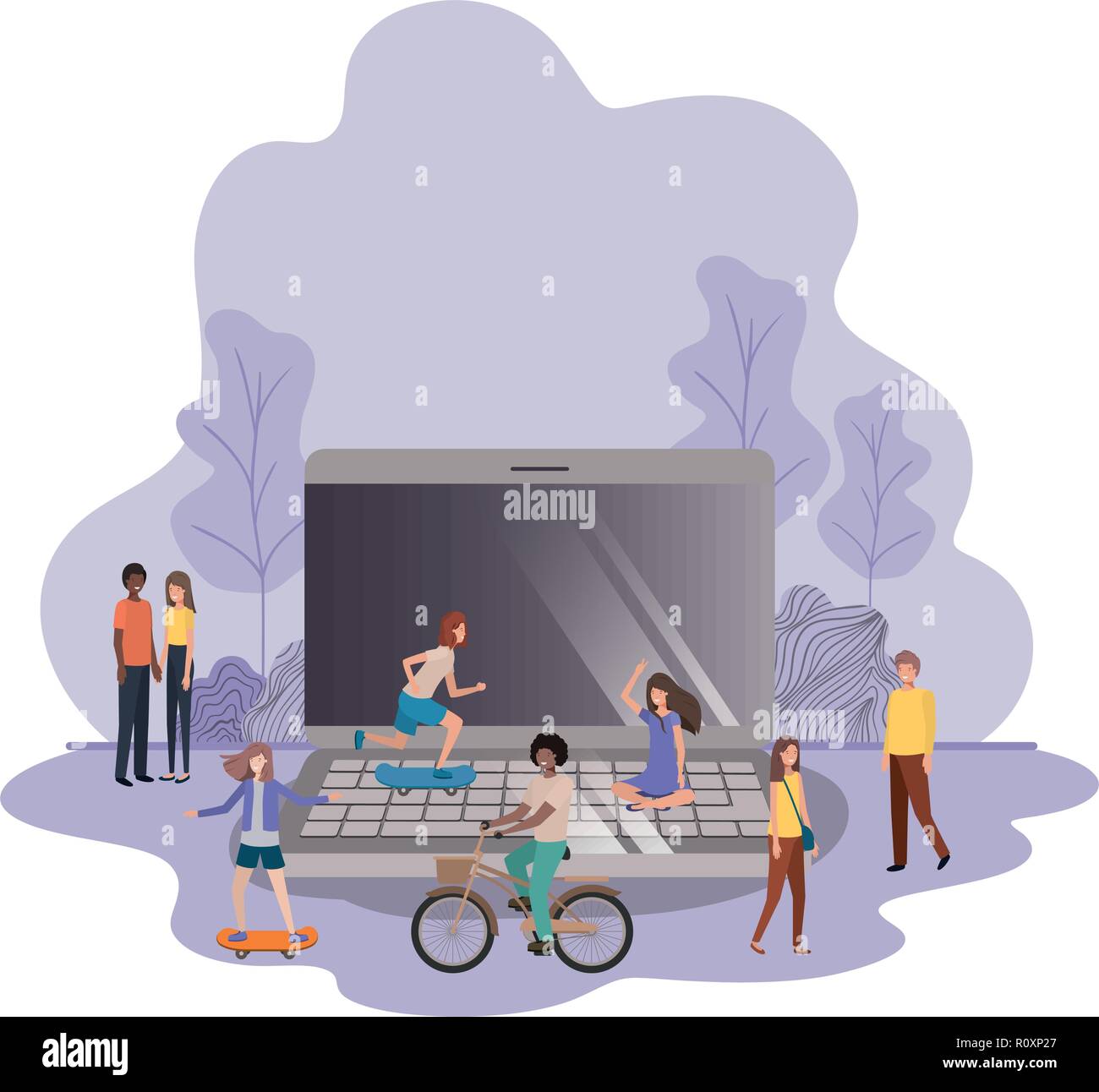 group of people with laptop computer avatar character Stock Vector ...