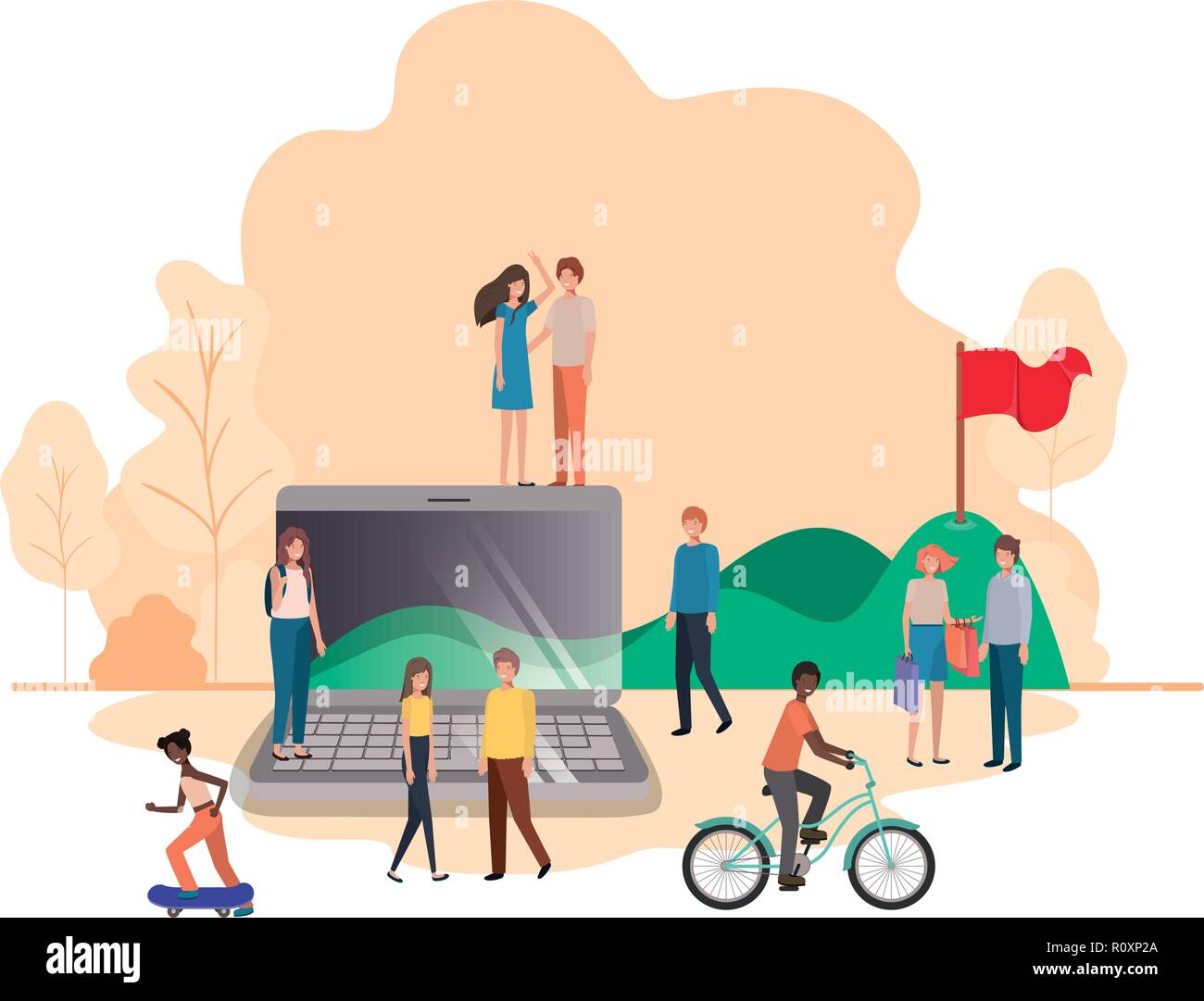 group of people with laptop computer avatar character Stock Vector ...