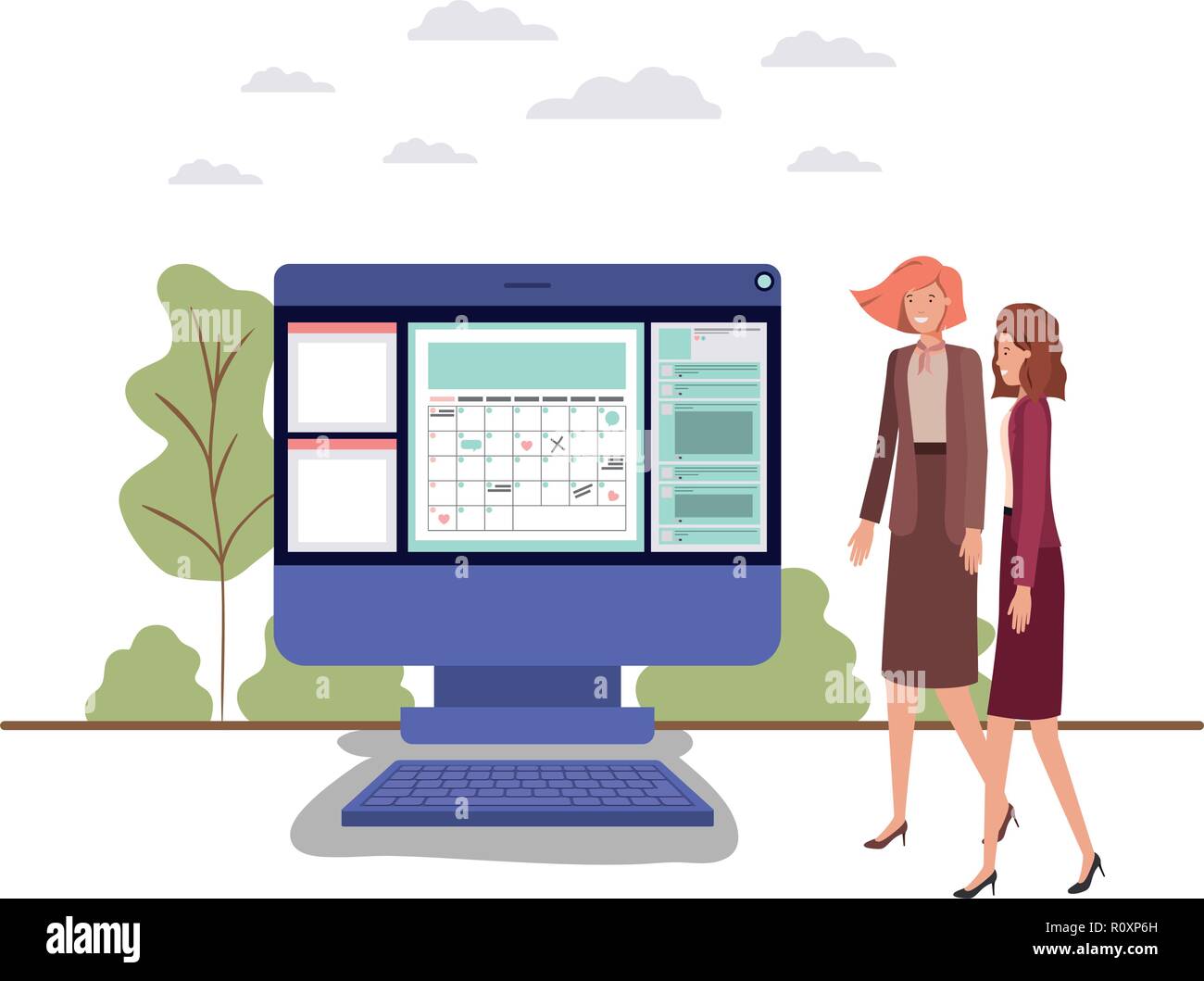 businesswomen with computer desktop avatar character Stock Vector Image ...