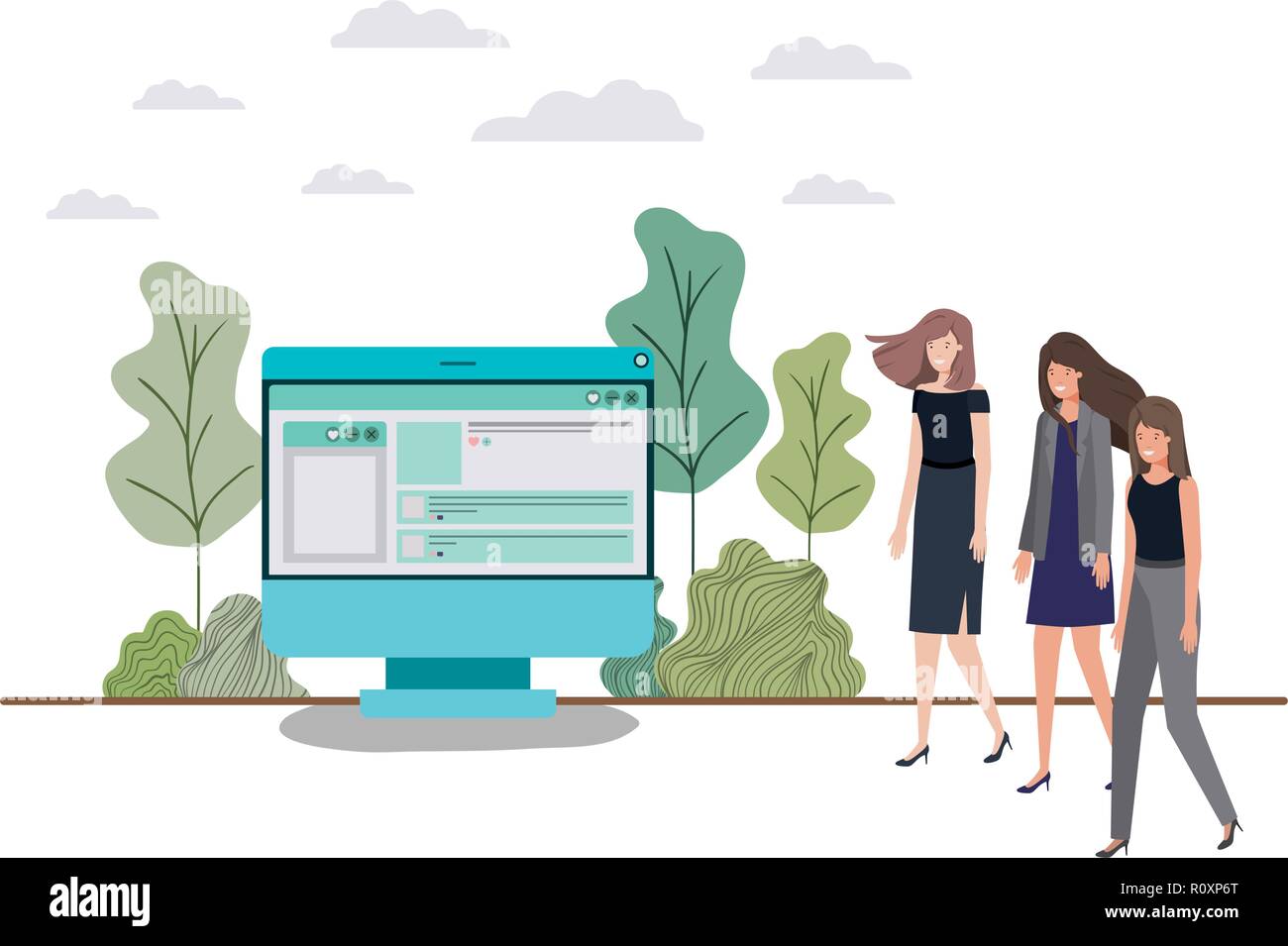 businesswomen with computer desktop avatar character Stock Vector Image ...