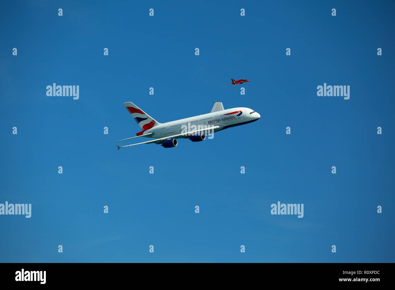 Airbus A380 flying over the English Channel, as part of a display Stock ...