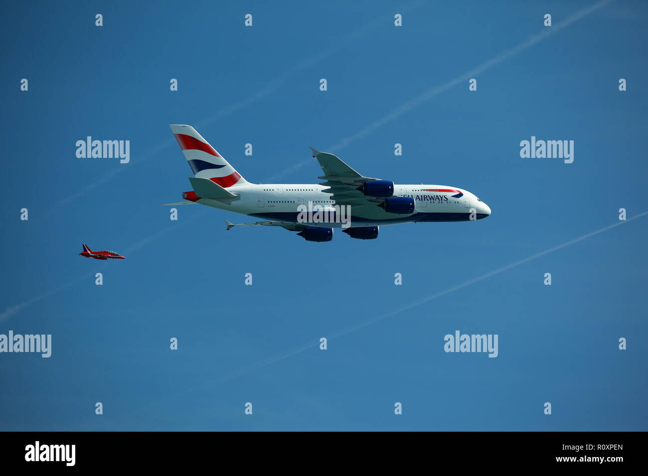 Airbus A380 flying over the English Channel, as part of a display Stock ...