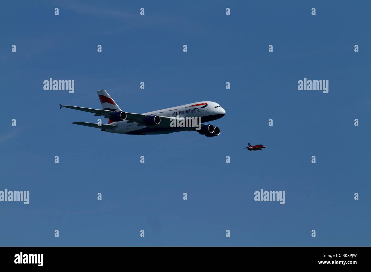 Airbus A380 flying over the English Channel, as part of a display Stock ...