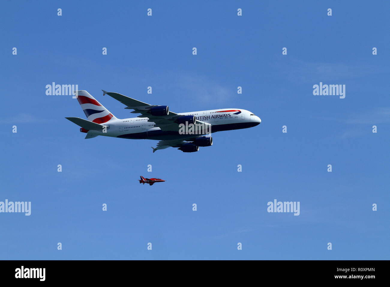 Airbus A380 flying over the English Channel, as part of a display Stock ...