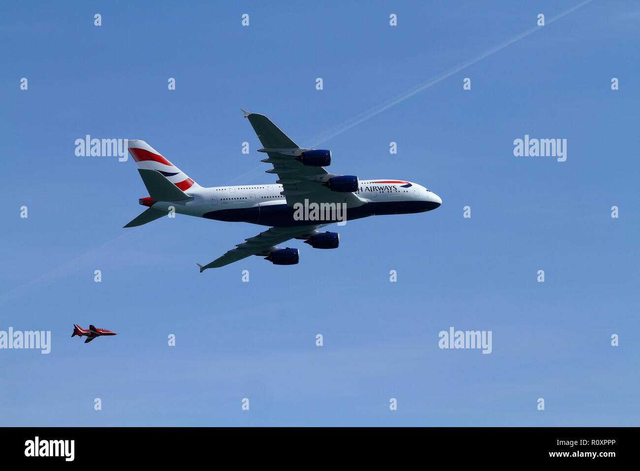 Airbus A380 flying over the English Channel, as part of a display Stock ...