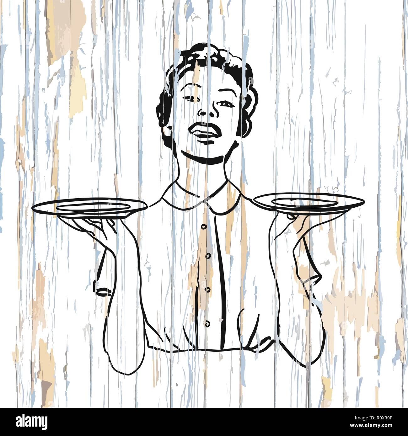 Vintage waitress icon on wooden background. Vector illustration drawn ...