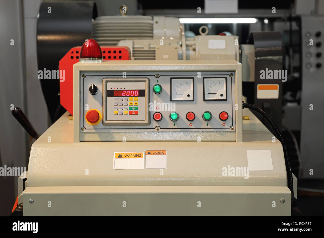 Control panel machine gauges and emergency stop switch hi-res stock ...