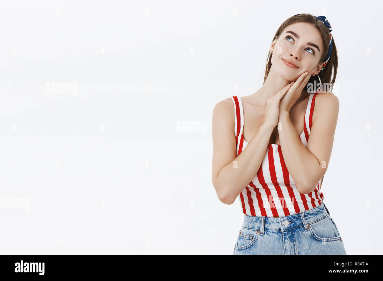 Girl sighing dreaming and being nostalgic remembering cute date. Gentle ...