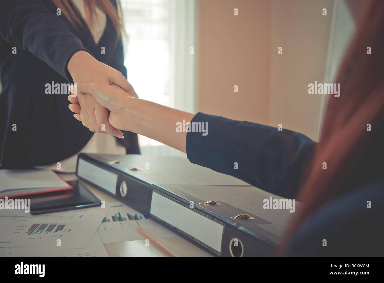 Business woman handshaking each other over a deal Stock Photo - Alamy