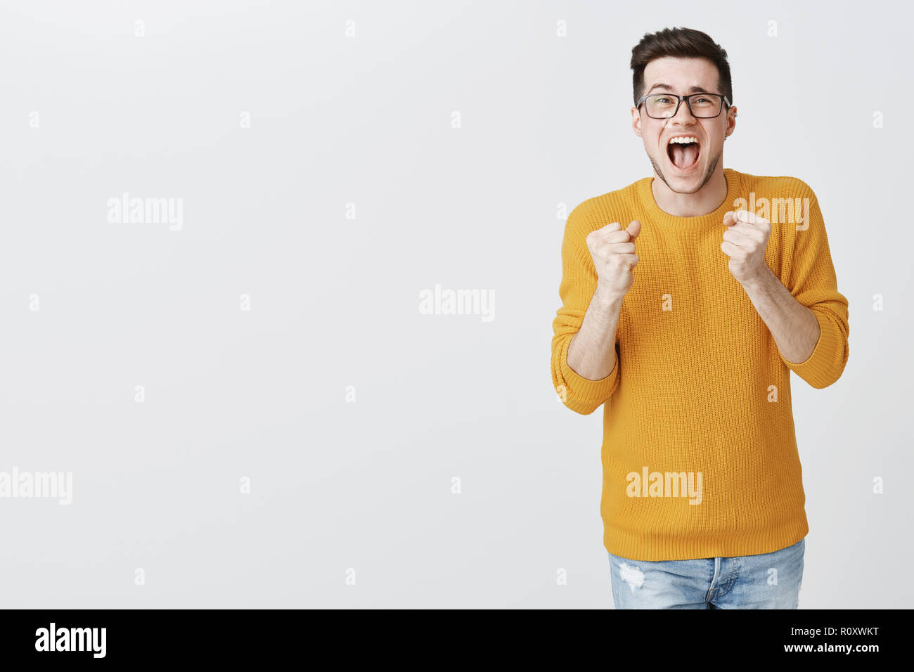 Pizza finally arrived hooray. Portrait of celebrating happy excited ...