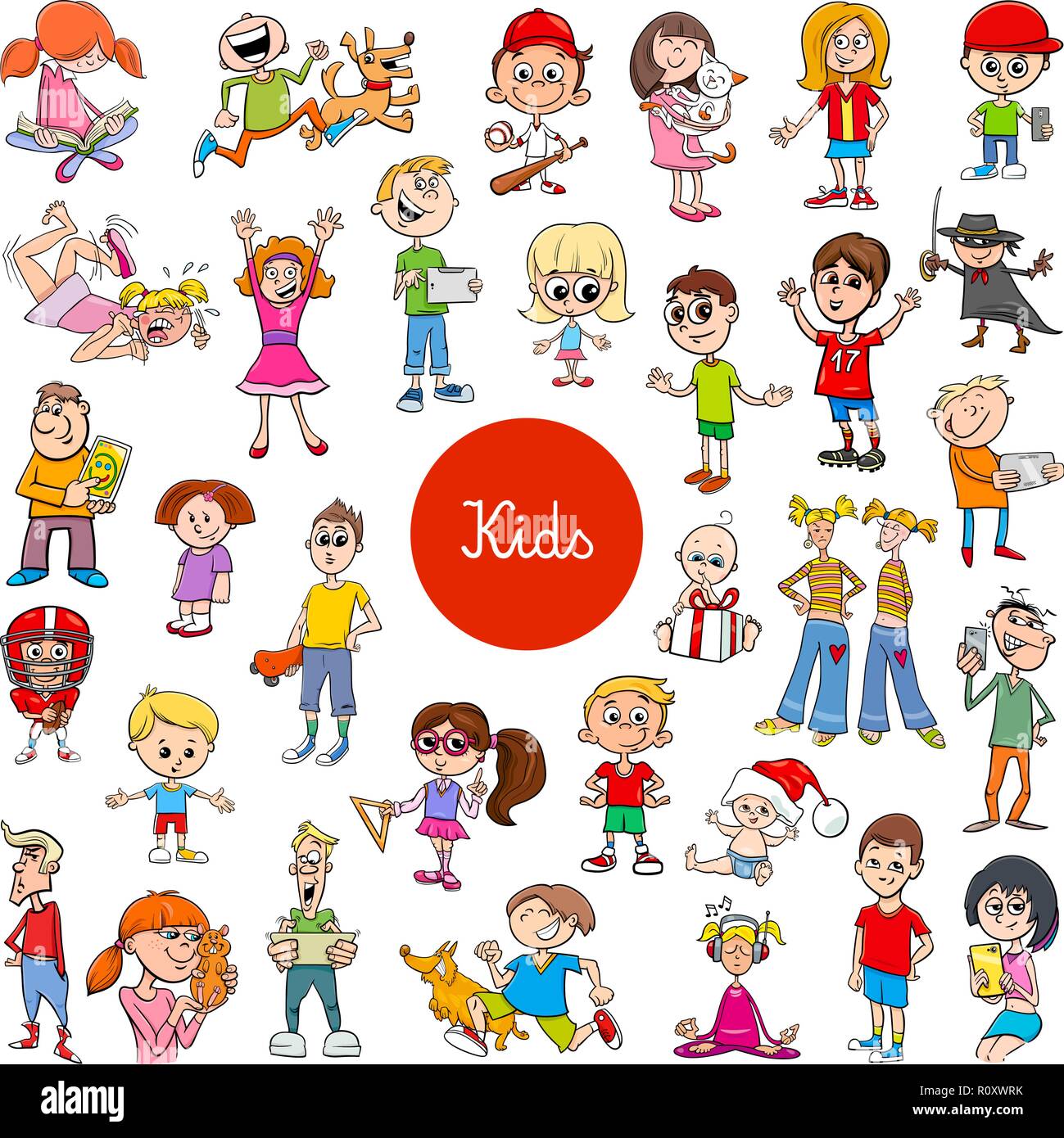 Cartoon Illustration of Kids and Teens Characters Large Set Stock ...