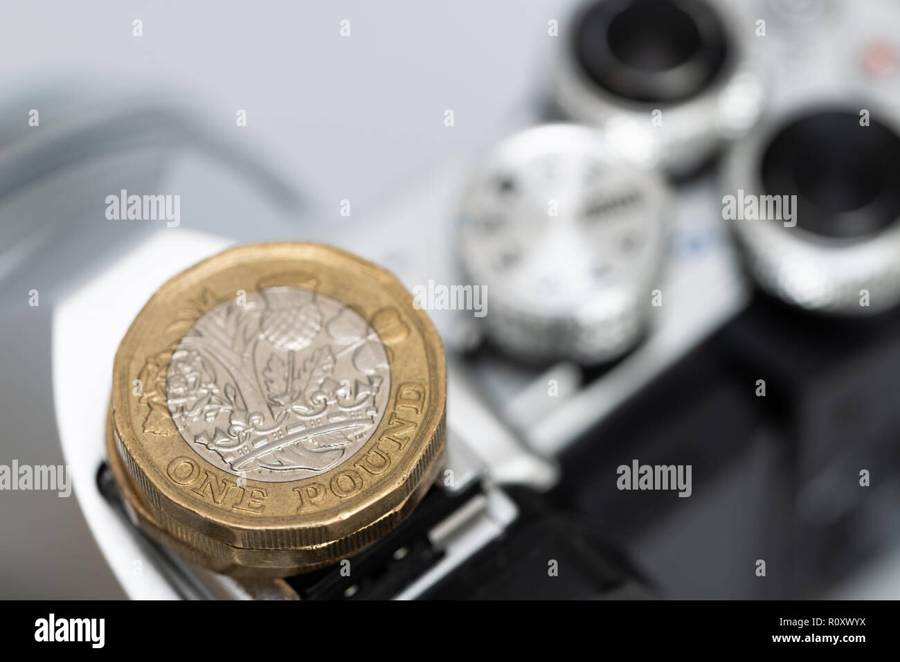 British Money, Pound coin on top of a Mirrorless DSLR Camera Stock ...