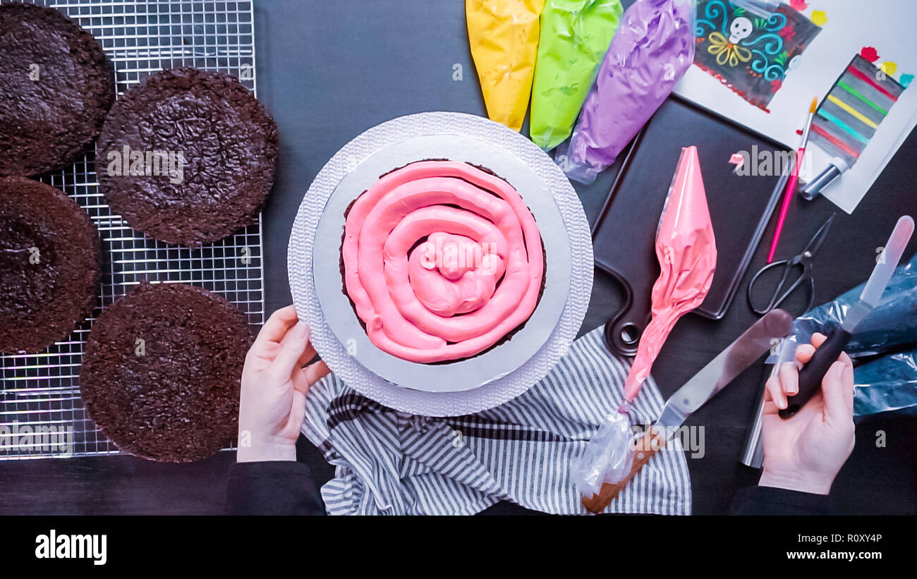Step by step. Flat lay. Baker assembling a chocolate cake with bright ...