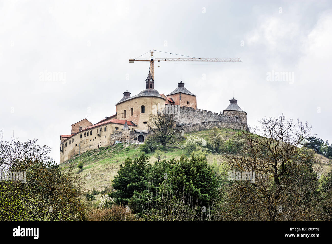 Krasna Horka castle under reconstruction with crane, Slovak republic ...