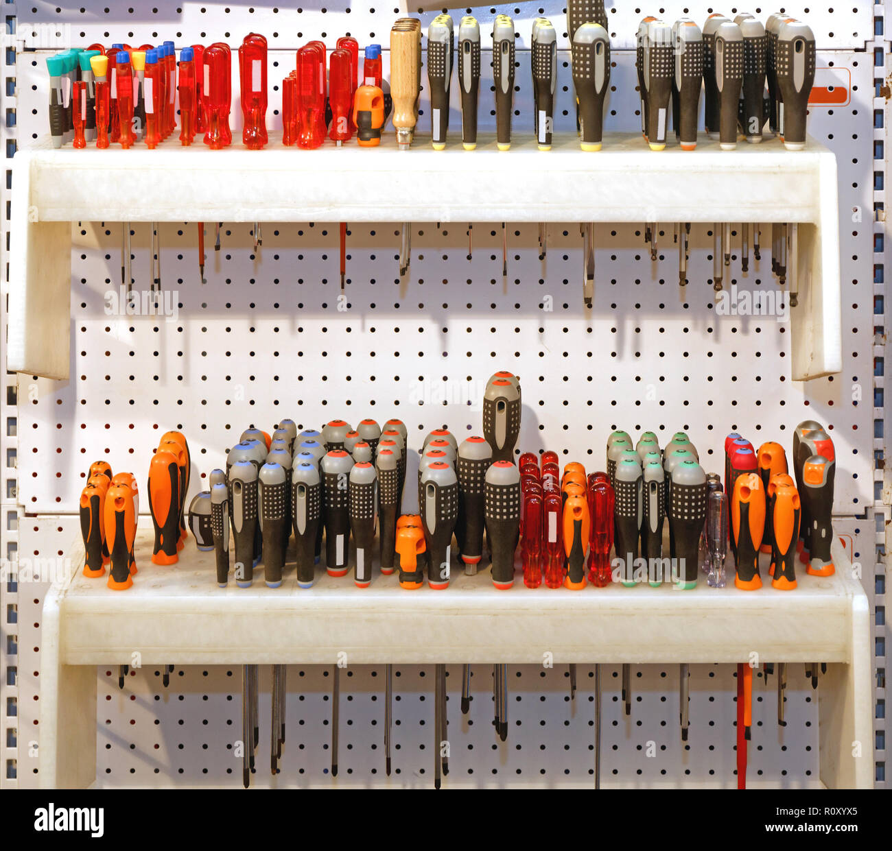 Various Screwdrivers Hand Tools at Shelf in Service Garage Stock Photo ...
