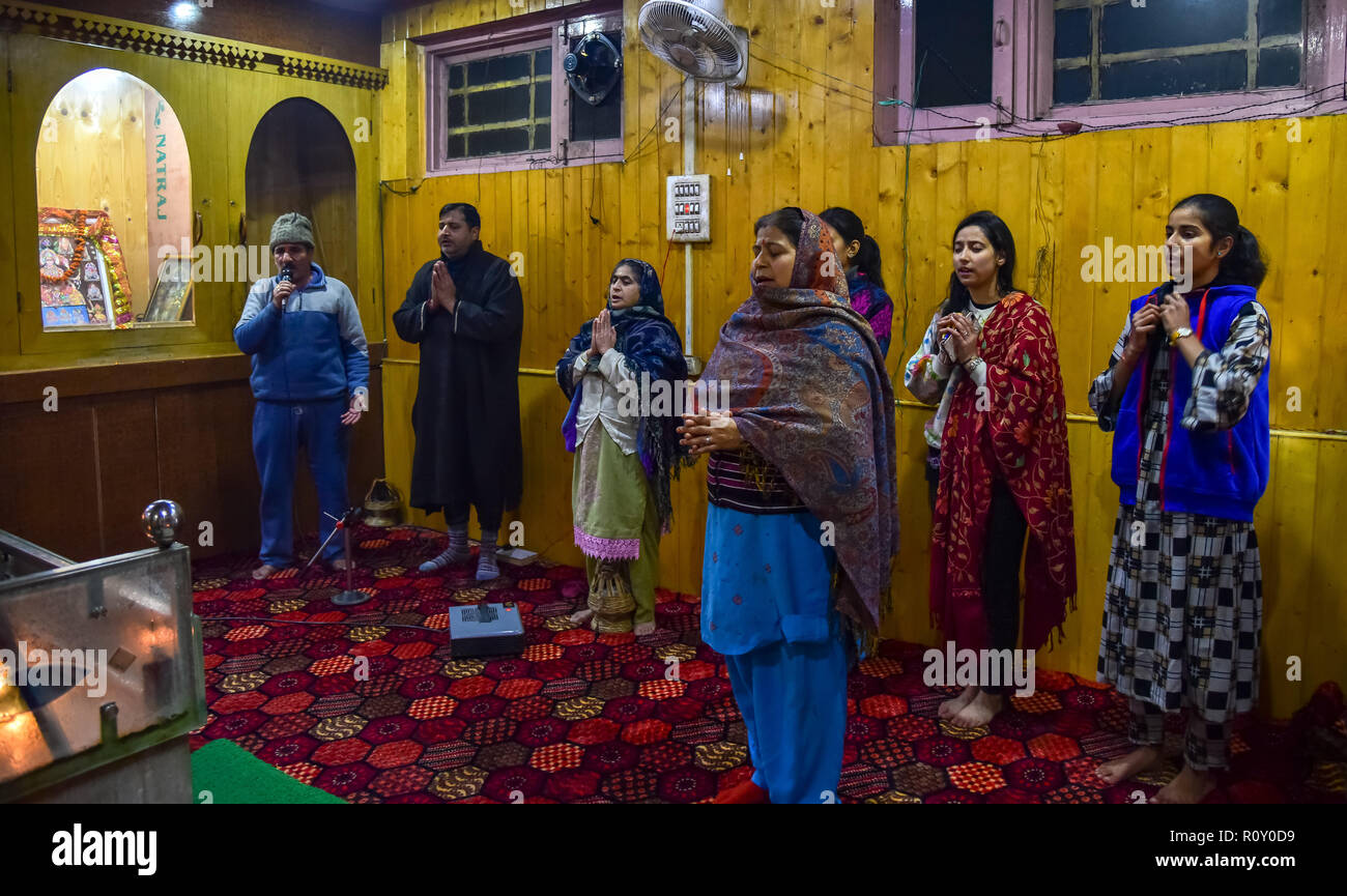 Kashmiri pandit devotees seen praying inside a temple on the occasion ...