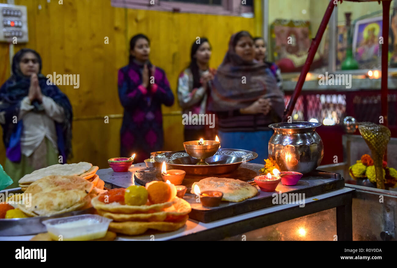Kashmiri pandit devotees seen praying inside a temple on the occasion ...