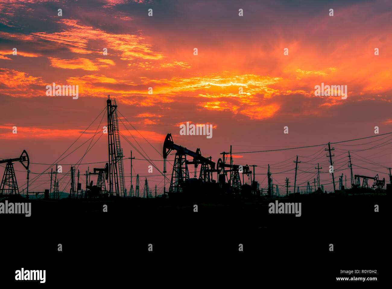 The forest of oil rigs, endless industrial landscape of crude oil ...
