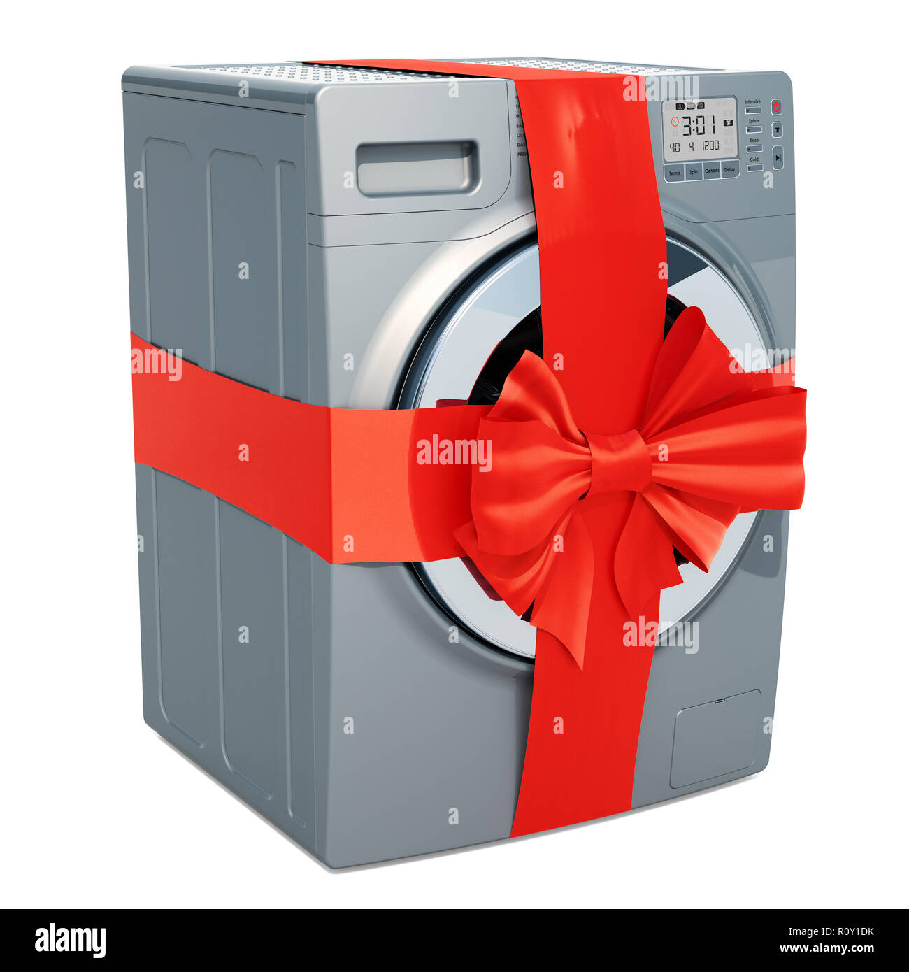 Gift concept, washing machine with red ribbon and bow. 3D rendering ...