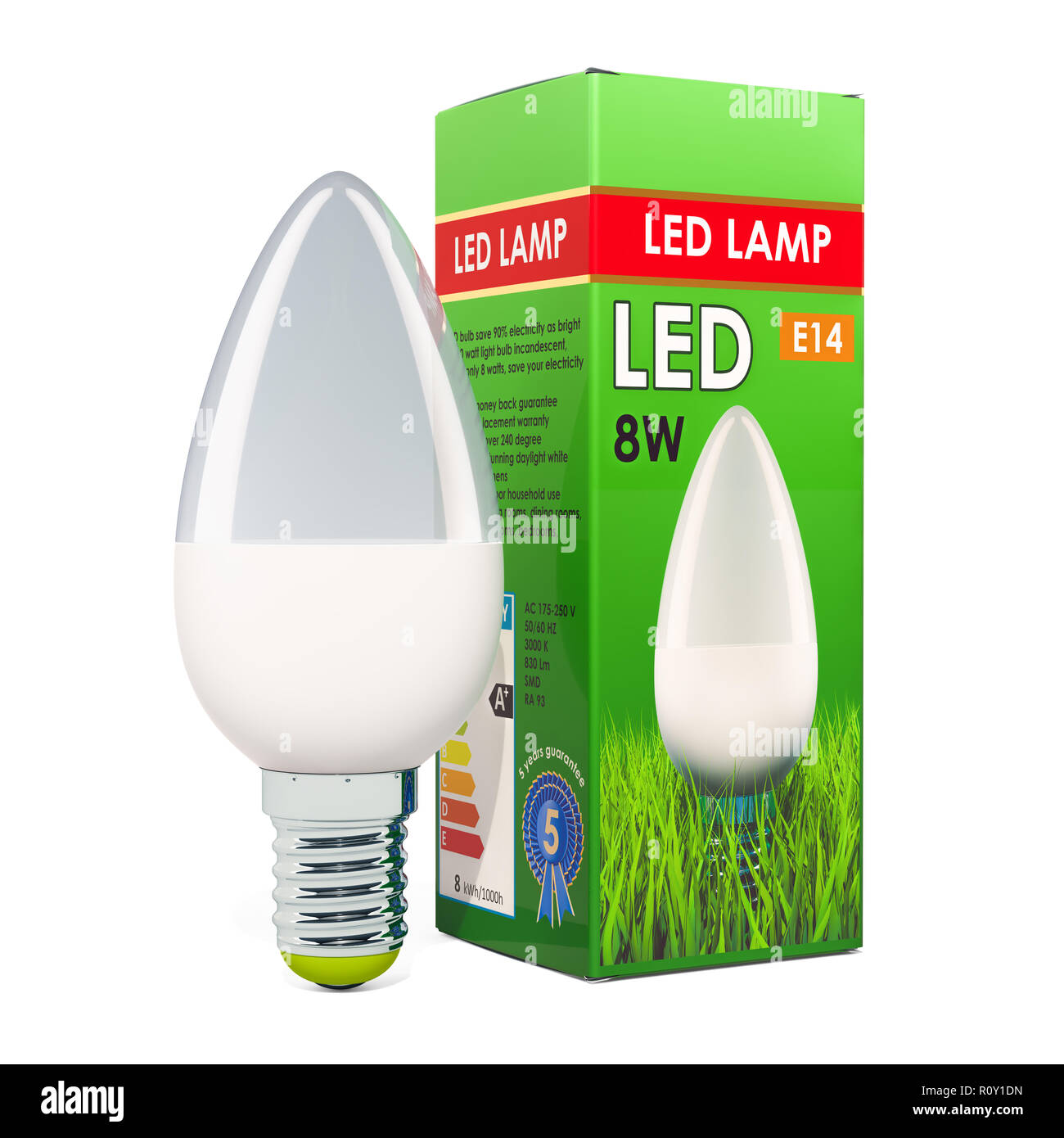 Energy savings LED lamp with cardboard box. 3D rendering isolated on ...