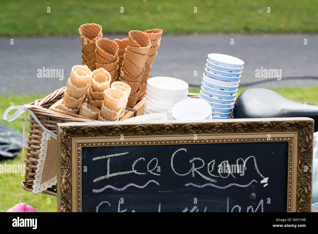 Ice cream wafer cones on a ice cream vendor stall in United Kingdom ...